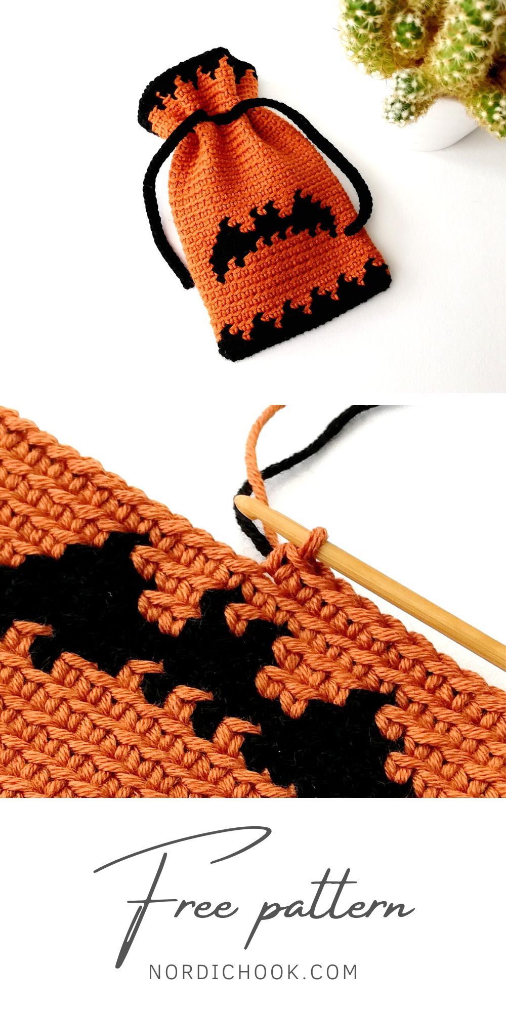 Spooky Halloween drawstring bag with a bat - Free pattern